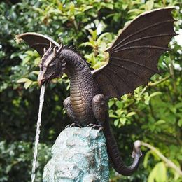 Garten-Drachenstatue, Brunnen-Drachen-Ornament, Kunstharz, Wasserspiel-Skulptur für Hausgarten-Dekoration - Eosnow