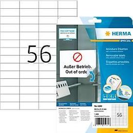 Etiketten Herma 5080, 52,5 x 21,2 mm, 1400 Stück, auf DIN A4, selbstklebend, stark haftend, wieder ablösbar, Papier, mattweiß