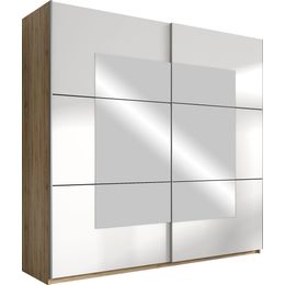 Schwebetürenschrank Inosign "Beta Schiebetürenschrank Kleiderschrank Wäscheschrank" Schränke Gr. B/H/T: 221 cm x 210 cm x 61 cm, 2 St., Basisausführung, weiß (san remo eiche, weiß) mit Spiegel, INKLUSIVE kompletter Innenausstattung, Metallgriffe