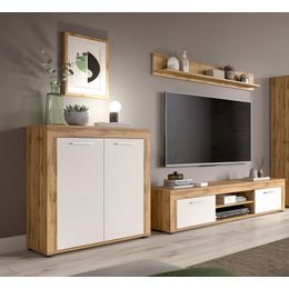 Wohnzimmer-Set Inosign "Aosta, Breite 255cm, bestehend aus Highboard, Lowboard, Wandboard" Kastenmöbel-Sets Gr. B/H/T: 255 cm x 159 cm x 35 cm, weiß (wotan eiche nachbildung, weiß) Wohnwand, Kombination, Anbauwand, Möbel Set, Schrankwand, Kombi