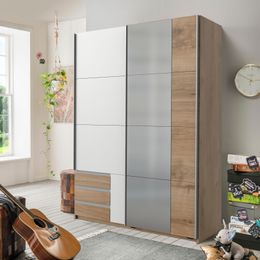 Schwebetürenschrank wimex "Emden moderner Kleiderschrank mit Spiegel und Schubladen BESTSELLER" Schränke Gr. B/H/T: 135 cm x 198 cm x 64 cm, 2, braun (plankeneiche nachbildung, weiß) Schlafzimmer Schrank Garderobenschrank mit Schwebetüren Topseller