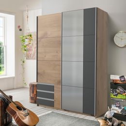 Schwebetürenschrank wimex "Emden moderner Kleiderschrank mit Spiegel und Schubladen BESTSELLER" Schränke Gr. B/H/T: 135 cm x 198 cm x 64 cm, 2, grau (plankeneiche nachbildung, graphit) Schlafzimmer Schrank Garderobenschrank mit Schwebetüren Topseller