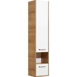 Hochschrank SAPHIR "Quickset 362 Badschrank, 35 cm breit, 1 Tür, Nische, Schublade" Schränke Gr. B/H/T: 35 cm x 116 cm x 33 cm, 1 St., weiß (riviera eiche nachbildung, glanz) Bad-Hochschrank Hochschrank Badezimmer-Hochschrank inkl. Türdämpfer, Griffe in Chrom glänzend