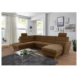 Wohnlandschaft Home Affaire "Palmera U-Form" Sofas Gr. B/H/T: 308 cm x 89 cm x 212 cm, Struktur weich, Ottomane links, mit Bettfunktion-mit Bettkasten, braun (messing) Federkern, wahlweise mit Bettfunktion und mitohne Stauraum