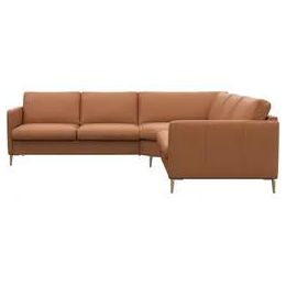 Ecksofa FLEXLUX "Fiore, gleichschenklig, bequem durch hochwertigem Sitzaufbau" Sofas Gr. B/H/T: 249cm x 85cm x 92cm, Echtleder, Schenkel links, braun (modern cogna) schmale Armlehnen, Kaltschaum, Füße Alu+ Eiche