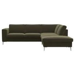 Ecksofa FLEXLUX "Fiore, L-Form" Sofas Gr. B/H/T: 241cm x 85cm x 225cm, Velvet, Ottomane rechts, grün (moss green) breite Armlehnen, Füße alufarben, BT 241225 cm, Kaltschaum im Sitz