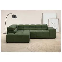 Ecksofa Inosign "Ancona, incl. Kopfteilverstellung + 3 Zierkissen L-Form" Sofas Gr. B/H/T: 249cm x 70cm x 215cm, Feincord, Recamiere links, Element rechts mit Sitztiefenverstellung, grün (oliv) wahlweise motorische Sitztiefenverstellung, BT(H: 24921570 cm