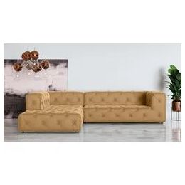 Ecksofa Places of Style "FOLLINA" Sofas Gr. B/H/T: 325cm x 71cm x 228cm, Samtvelours, Ottomane links, goldfarben (gold) L-Form, mit klassischer Chesterfield-Knopfheftung