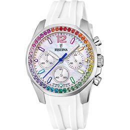 Chronograph Festina "Boyfriend, F20610/2" Armbanduhren weiß Damen Armbanduhr, Quarzuhr, Damen, Stoppfunktion, Zirkonia Regenbogenfarben