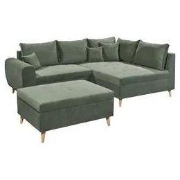 Ecksofa ED EXCITING DESIGN "Calanda L-Form" Sofas Gr. B/H/T: 249cm x 94cm x 175cm, Feincord, Recamiere rechts, grün (dunkelgrün) mit Hocker, frei im Raum stellbar, Rücken- und Zierkissen