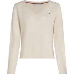 Strickpullover Tommy Hilfiger "SOFT WOOL V-NK SWEATER" Gr. XS (34), ivory petal heather Damen Pullover mit V-Ausschnitt aus 100% Wolle