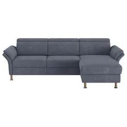 Ecksofa Home Affaire "Calypso L-Form" Sofas Gr. B/H/T: 260cm x 85cm x 172cm, Flachgewebe, Recamiere rechts, ohne Kopfteilverstellung-ohne Armteilfunktion-ohne Bettfunktion-ohne Bettkasten-ohne Relaxfunktion im Sofa 2,5- Sitzer-ohne Relaxfunktion in der Recamiere, grau (grau/blau) mit motorischen Funktionen im Sofa und Recamiere