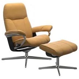 Relaxsessel stressless "Consul" Sessel Gr. Material Bezug, Material Gestell, Ausführung / Funktion, Maße B/H/T, gelb (honey) mit Hocker, Cross Base, Größe S, M & L, Holzakzent Schwarz