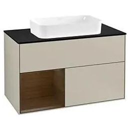 Villeroy & Boch Villeroy und Boch Finion Waschtischunterschrank F242GNHH 100x60,3cm, Abdeckplatte black matt, Regal links Walnut veneer, Sand Matt Lacquer