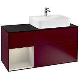 Villeroy & Boch Villeroy und Boch Finion Waschtischunterschrank F142HHHB 120cm, Abdeckplatte Glass Black Matt, Regal links Sand Matt Lacquer, Peony Matt