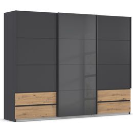 Schwebetürenschrank Rauch "Kleiderschrank Schrank Garderobe ELARA Glastür/Grauspiegel" Schränke Gr. B/H/T: 271 cm x 210 cm x 62 cm, 3 St., grau (graumetallic, eiche artisan, glas basalt) praktische Schubladen optional farblich abgesetzt MADE IN GERMANY