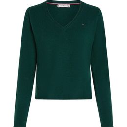 Strickpullover Tommy Hilfiger "SOFT WOOL V-NK SWEATER" Gr. L (40), grün (ornamental green) Damen Pullover mit V-Ausschnitt aus 100% Wolle