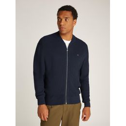 Strickjacke Tommy Hilfiger "STRUCTURE BASEBALL ZIP THROUGH" Gr. L, blau (desert sky) Herren Strickjacken in Rippoptik, Reißverschluss, Logostickerei