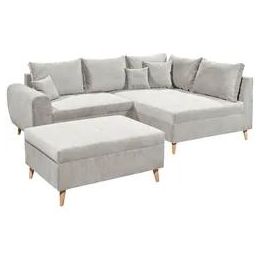 Ecksofa ED EXCITING DESIGN "Calanda L-Form" Sofas Gr. B/H/T: 249cm x 94cm x 175cm, Feincord, Recamiere rechts, beige mit Hocker, frei im Raum stellbar, Rücken- und Zierkissen