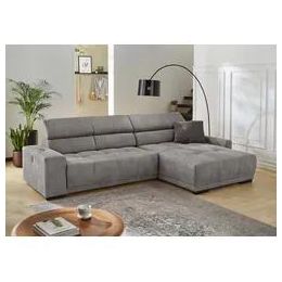 Jockenhöfer Ecksofa JOCKENHÖFER GRUPPE "Le Mans L-Form mit elektromotorischer Sitztiefenverstellung (30 cm)" Sofas Gr. B/T: 315cm x 110cm, Luxus-Microfaser Lederoptik, Ottomane beidseitig montierbar, grau und induktiver Lademöglichkeit + USB A C, verstellbare Kopfstützen