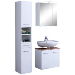 Badmöbel-Set Welltime "Avignon", weiß, B:90cm H:200cm T:35cm, Holzwerkstoff, Kastenmöbel-Sets, mit 3D-Spiegelschrank mit LED-Aufsatzleuchte