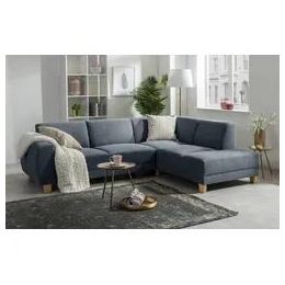 Ecksofa Max Winzer "Blackpool modern, mittlere Sitzhärte mit hochwertiger Schaumpolsterung" Sofas Gr. B/H/T: 248cm x 75cm x 188cm, Flachgewebe 16001, Ottomane rechts, blau Lounge-Charakter durch niedrigen, leicht gewölbten Rücken