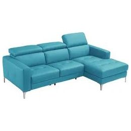 Ecksofa Egoitaliano "Matt, erstklassiger Sitzkomfort, aufwendige Detailverarbeitung, L-Form" Sofas Gr. B/H: 247cm x 100cm, Leder BULL, Recamiere rechts, blau (türkis) mit verstellbaren Kopfteilen zum Relaxen