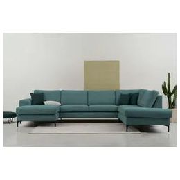 Wohnlandschaft Inosign "Henry" Sofas Gr. B/H/T: 363cm x 84cm x 235cm, Struktur-Chenille, Ottomane rechts, blau (sapphire) mit Metallbeinen, in modernem Design