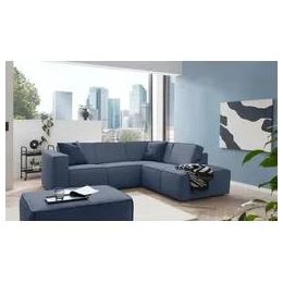 Ecksofa Trendmanufaktur "Dice, aktuelles Design, L-Form, mit komfortabler" Sofas Gr. B/H/T: 275cm x 77cm x 220cm, Struktur grob, Ottomane rechts, 275cm x 220cm (BxT) mit Sitztiefenverstellung, blau (blau horizon) Sitztiefenverstellung und Kaltschaumpolsterung toller Sitzkomfort