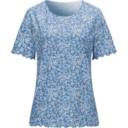 Damen Kurzarmshirt mit gewellten Abschl&uuml;ssen mittelblau-ecru-bedruckt, Gr&ouml;&szlig;e 56