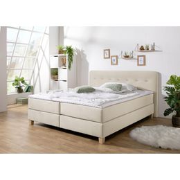 Boxspringbett Home Affaire "Fargo", beige, B:173cm L:207cm, Struktur fein (100% Polyester);Samtstoff (100% Polyester), Komplettbetten, inkl. Topper, in 3 Matratzenarten, in Samt- oder Strukturstoff
