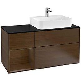 Villeroy & Boch Villeroy und Boch Finion Waschtischunterschrank F142GNGN 120cm, Abdeckplatte Glass Black Matt, Regal links Walnut veneer, Walnut veneer