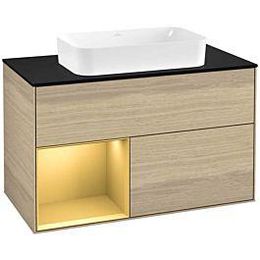 Villeroy & Boch Villeroy und Boch Finion Waschtischunterschrank F242HFPC 100x60,3cm, Abdeckplatte black matt, Regal links Gold matt, Oak Veneer