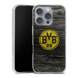 DeinDesign iPhone 16 Pro Handy Silikon H&uuml;lle Case transparent Handyh&uuml;lle Wooden Look Bvb Borussia Dortmund Silikon Case