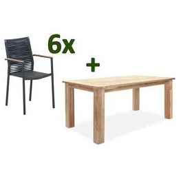 OUTFLEXX Theo Garten-Essgruppe, anthrazit/natur, Alu/Rope/FSC®/SLVK-Teakholz, Tisch 200x100 cm, 6x Dining Sessel