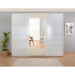 Schwebetürenschrank Rauch "Kleiderschrank Schrank Garderobe KOLUNA mit Glastüren und Spiegel" Schränke Gr. B/H/T: 271 cm x 229 cm x 62 cm, 3 St., weiß (alpinweiß, glas kristallweiß) inkl. 2 Innenschubladen sowie extra Einlegeböden MADE IN GERMANY