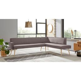 Eckbank exxpo - SOFA FASHION "Lungo, moderne Kedernaht, bequem und elegant, hoher Holzfuß" Sitzbänke Gr. B/H/T: 198 cm x 84 cm x 260 cm, Veloursstoff, langer Schenkel links, grau (taupe) hochwertige Detailverarbeitung, frei im Raum stellbar