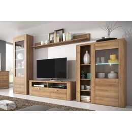 Wohnwand Home Affaire "Larona, Anbauwand, Set 4 Teilig" Kastenmöbel-Sets braun (eichefarben riviera) bestehend aus 1 TV-Board, Highboard, Vitrine, Wandregal