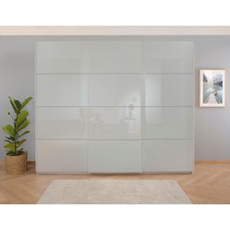 Schwebetürenschrank Rauch "Koluna" Schränke Gr. B/H/T: 271 cm x 229 cm x 62 cm, 3 St., grau (seidengrau, glas seidengrau) Glasfront, inkl. 2 Innenschubladen sowie extra Böden