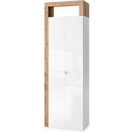 Hochschrank Welltime "Hamburg Höhe 195 cm, Breite 64 Badezimmerschrank mit 2 Türen" Schränke Gr. B/H/T: 64 cm x 195 cm x 35 cm, 2 St., Komplettausführung, braun (weiß, eiche cadiz nb) dekorativer Rahmen, offenes Fach, Metallgriff, viel Stauraum