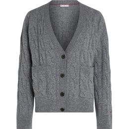 Strickjacke Tommy Hilfiger "SOFT WOOL CABLE CARDIGAN" Gr. L (40), grau (medium heather grey) Damen Strickjacken mit Zopfmuster, Premium Qualität aus 100% Wolle