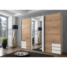 Schwebetürenschrank wimex "Emden moderner Kleiderschrank mit Spiegel und Schubladen BESTSELLER" Schränke Gr. B/H/T: 270 cm x 210 cm x 64 cm, 2, braun (plankeneiche nachbildung, weiß) Schlafzimmer Schrank Garderobenschrank mit Schwebetüren Topseller