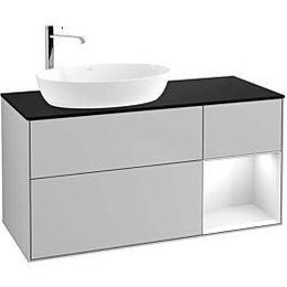 Villeroy & Boch Villeroy und Boch Finion Waschtischunterschrank G932GFGJ 120cm, Abdeckplatte black matt, Emotion, Regale Glossy white lacquer, Light grey matt