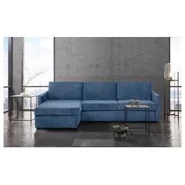 Schlafsofa Places of Style "GOLDPOINT Ecksofa 264 cm, Liegefläche (140/200cm), L-Form" Sofas Gr. B/H/T: 264 cm x 85 cm x 157 cm, Luxus-Microfaser weich, Recamiere links, blau Bettfunktion, Bonell-Federkernmatratze und Dauerschläfer-Funktion