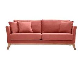 Miliboo Skandinavisches Sofa aus terracottafarbenem Stoff mit Samteffekt, abnehmbarem Bezug und hellem Holz 3-Sitzer OSLO