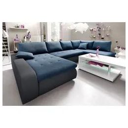 Wohnlandschaft Trendmanufaktur "Indie, toller Sitzkomfort, aufwendige Detailverarbeitung, U-Form" Sofas Gr. B/H/T: 335cm x 86cm x 179cm, Kunstleder SOFTLUX-Struktur fein, Recamiere links, XXL-mit Bettfunktion, schwarz (schwarz/aqua) wahlweise mit Bettfunktion