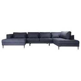 Wohnlandschaft Trendmanufaktur "Luzi, gemütliches Sofa mit extra viel Platz, U-Form, viele Kissen" Sofas Gr. B/H/T: 361cm x 80cm x 203cm, Samtvelours ELISA, Recamiere links-Ottomane rechts, blau (moonlight ocean) Designsofa mit tollem Sitzkomfort, Metallfüße schwarz, Breite 361 cm