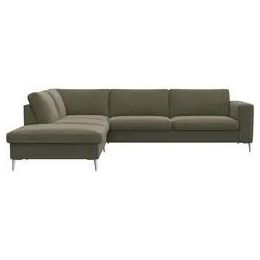 Ecksofa FLEXLUX "Fiore, super Sitzkomfort durch Kaltschaum im Sitz, L-Form" Sofas Gr. B/H/T: 273cm x 85cm x 225cm, Struktur, Ottomane links, grün (moss green) breite Armlehnen, Füße Alu