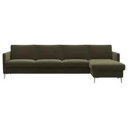 Ecksofa FLEXLUX "Fiore, L-Form, bequem und komfortabel durch hochwertigem Sitzaufbau" Sofas Gr. B/H/T: 280cm x 85cm x 159cm, Velvet, Chaiselongue rechts, grün (moss green) schmale Armlehnen, Kaltschaum, Füße Alu