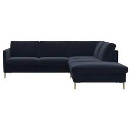 Ecksofa FLEXLUX "Fiore, L-Form, super bequem durch Kaltschaum im Sitz" Sofas Gr. B/H/T: 234cm x 85cm x 225cm, Velvet, Ottomane rechts, blau (royal blau) schmale Armlehnen, Füße AluEiche, BT 234225 cm